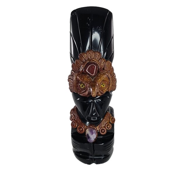 Accents | Aztec Warrior Obsidian Stone Carving Eagle Headdress Gem ...